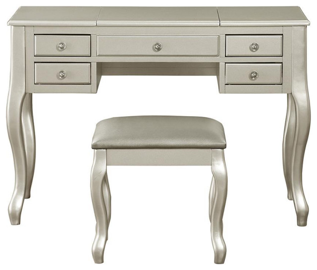 Poundex Wooden Makeup Vanity Set Desk, Mirror And Stool - Silver, 43 W ...