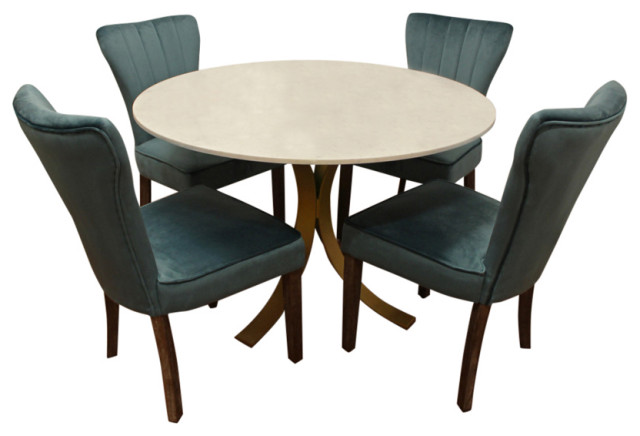 Haskell 5-piece Dining Set With 48" Marble Dining Table And 4 Teal Velvet Chairs - Transitional ...
