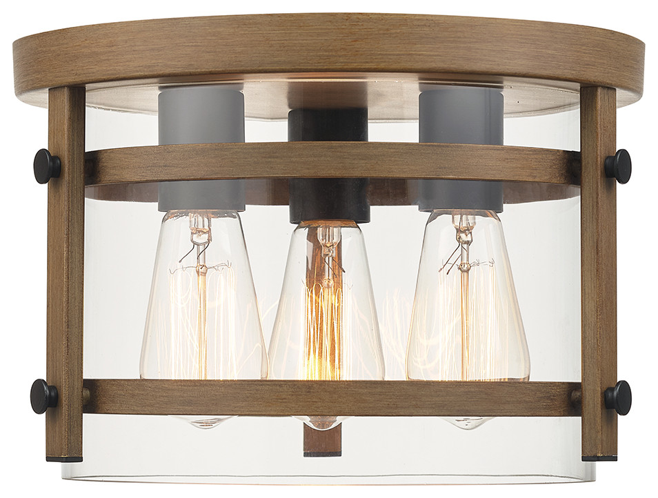 Daniel 3-Light Faux Wood Flush Mount Ceiling Light - Industrial - Flush ...