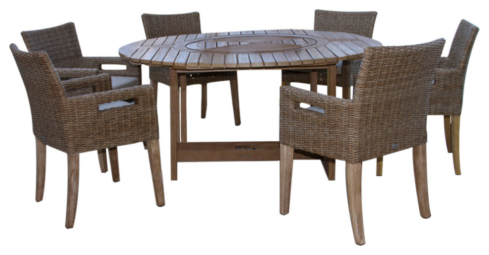 6 Person Antique Wash Lazy Susan Table With Wheat Wicker Chairs ...