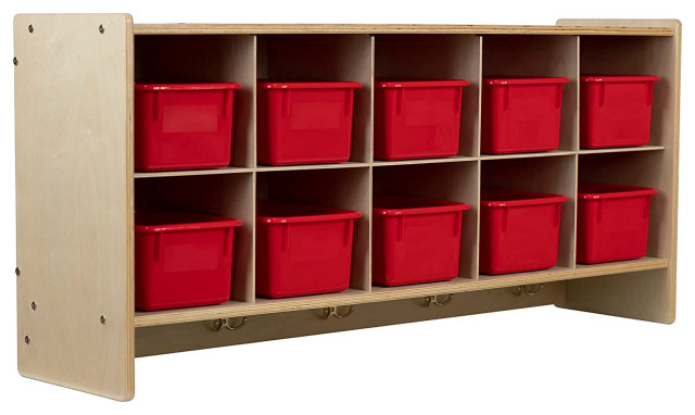 10 Section Wood Cubbies Storage, Red Bins, Wall Hanging Organizers ...