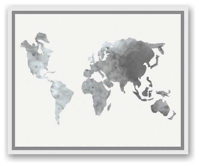 Gray World Map 16x20 White Floating Framed Canvas - Contemporary ...
