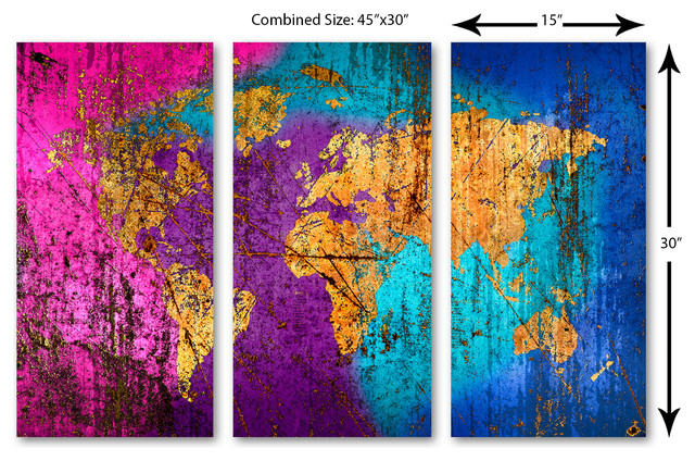 Abstract Mixed Art World Map, Canvas Print, 3 Panel Split, Triptych ...