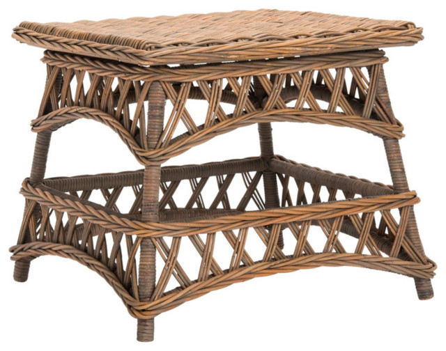 Traditional Side Table, Rattan Construction With Square Top & Crossed ...