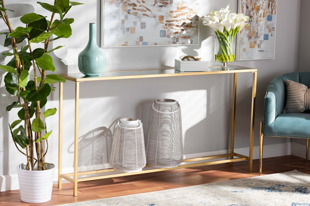 Dilmore Modern Contemporary Glam Gold Finish and Mirrored Glass Console ...