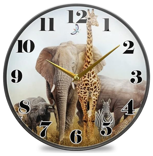 Animal Elephant Lion African Safari Wall Clock Battery Operated Silent ...