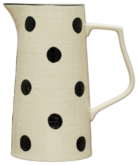 Farmhouse Stoneware Pitcher with Painted Polka Dots, Ivory and Black ...
