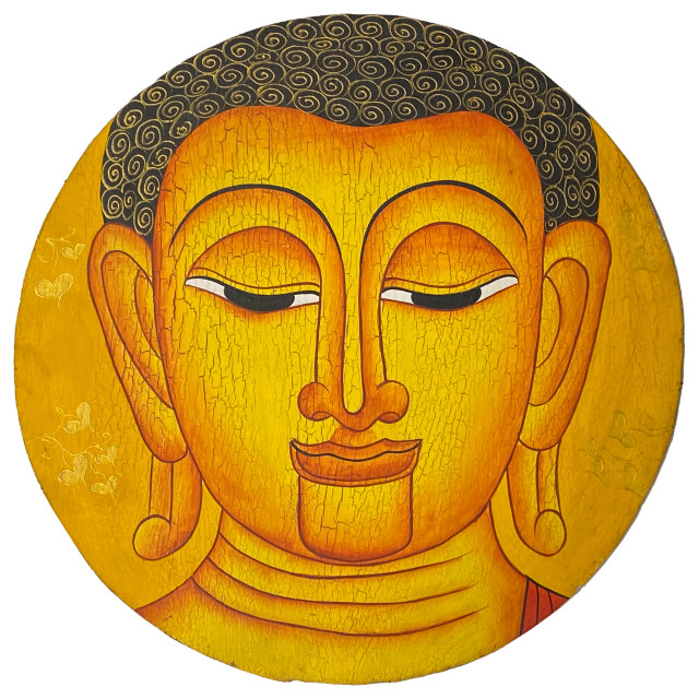Round Golden Yellow Buddha Head Graphic Wood Art Plaque Panel Hws3216 ...