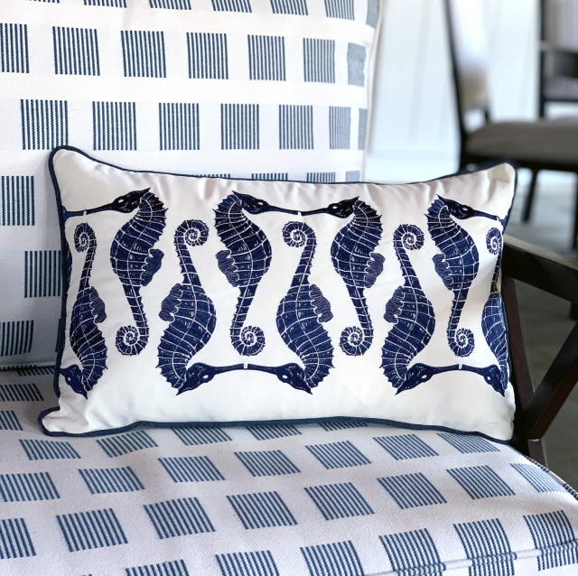 Indigo Seahorse Pattern Indoor/Outdoor Lumbar Pillow - Beach Style ...
