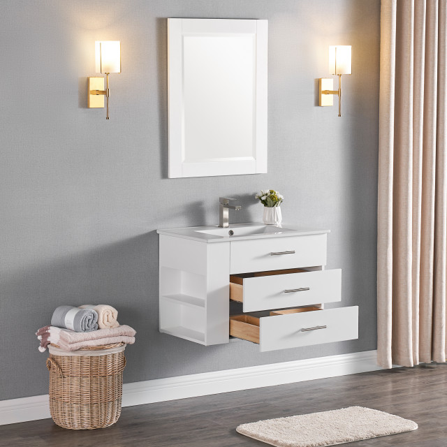 30" Left Side Shelf Vanity Wood Body With Premium White Ceramic ...
