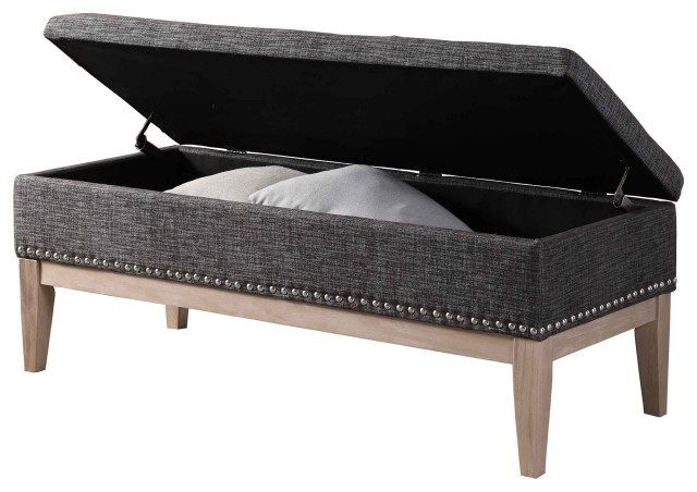 Gray Tufted Linen Look Nailhead Trim Storage Bench - Transitional ...