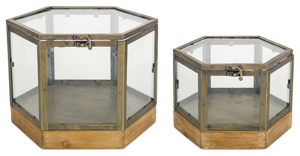 Octagon Box (Set of 2) 8"H, 10"H Metal/Wood - Transitional - Terrariums ...