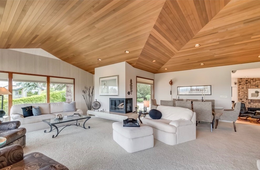 Flooring in a living room with a cedar ceiling?
