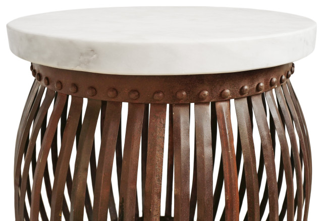 White Marble Iron Strap Barrel Side Table - Industrial - Side Tables ...