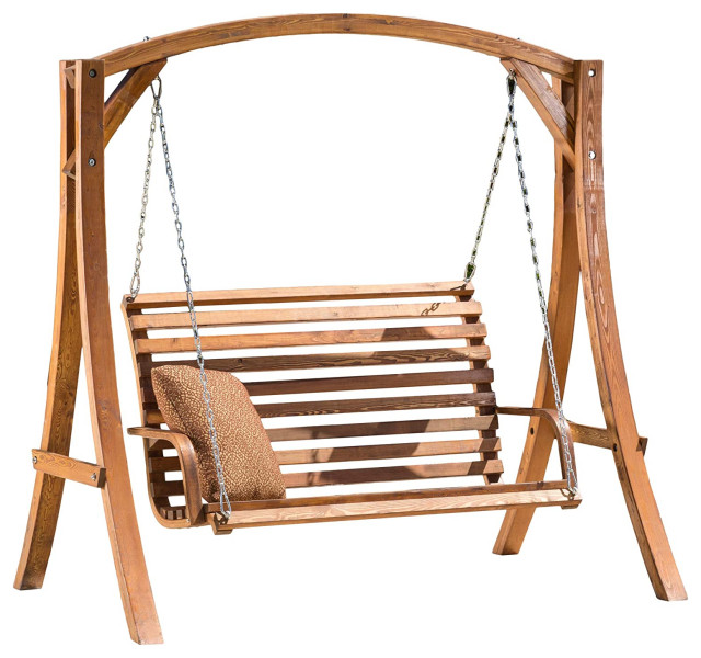 Classic Porch Swing, Hardwood, Slatted Loveseat With Curved Arms, Teak ...