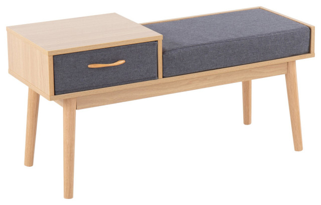 Telephone Bench, Natural Wood/Gray Fabric With Pull-Out Drawer ...
