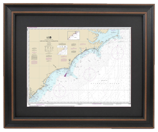 Framed Nautical Chart, Cape Hatteras To Charleston - Traditional ...