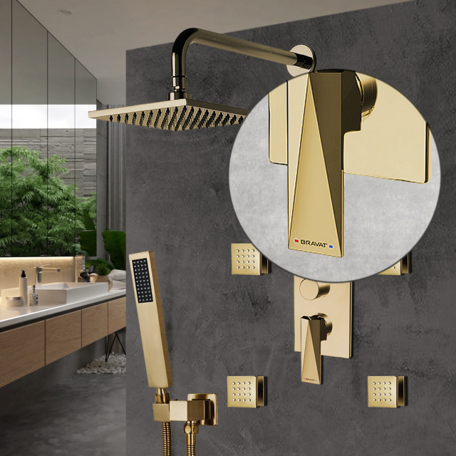 Bravat Brushed Gold Wall Mounted Square Shower Set, Valve Mixer 3-Way ...