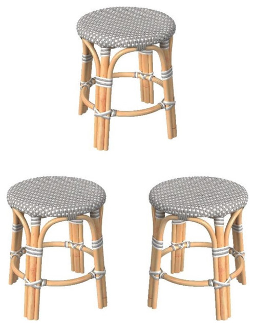 Home Square 18" Rattan Round Bar Stool in Gray and White - Set of 3 ...