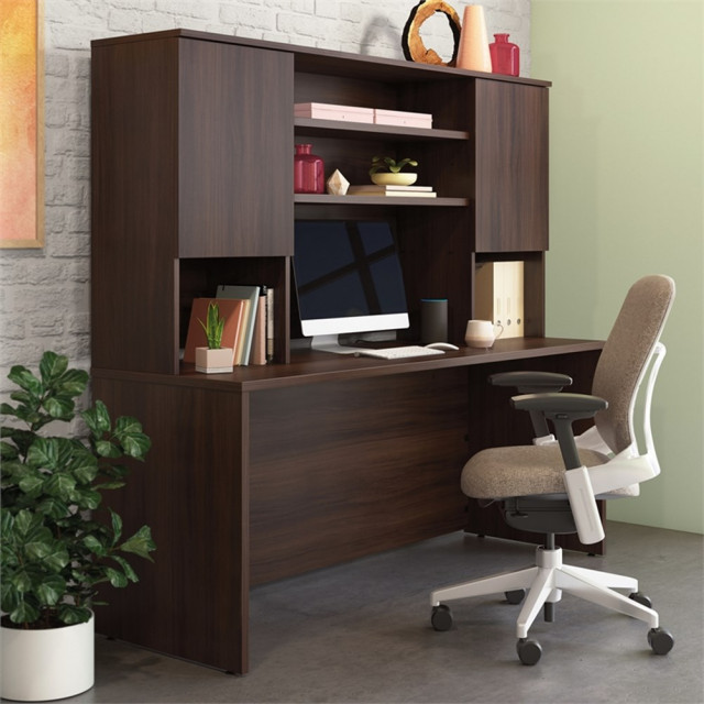 Pemberly Row Engineered Wood 72"x24" Desk with Hutch Bundle in Noble ...