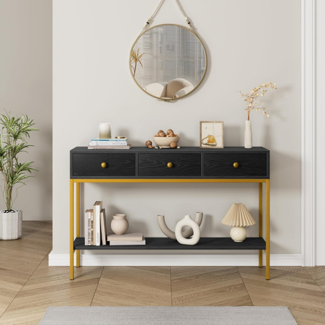 Modern Console Table, Golden Metal Frame & 3 Drawers With Rounded Knobs ...