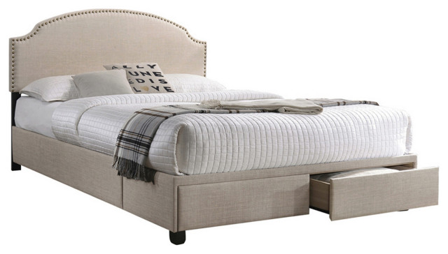 Fabric Upholstered Queen Size Storage Bed With Nailhead Trims Beige
