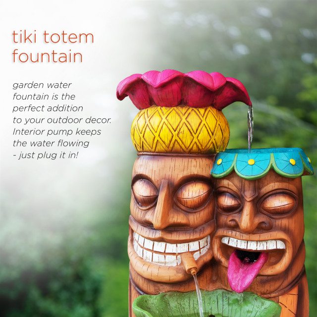 35" Tall Outdoor 3-Tier Tiki Head Waterfall Fountain Yard Art Décor ...