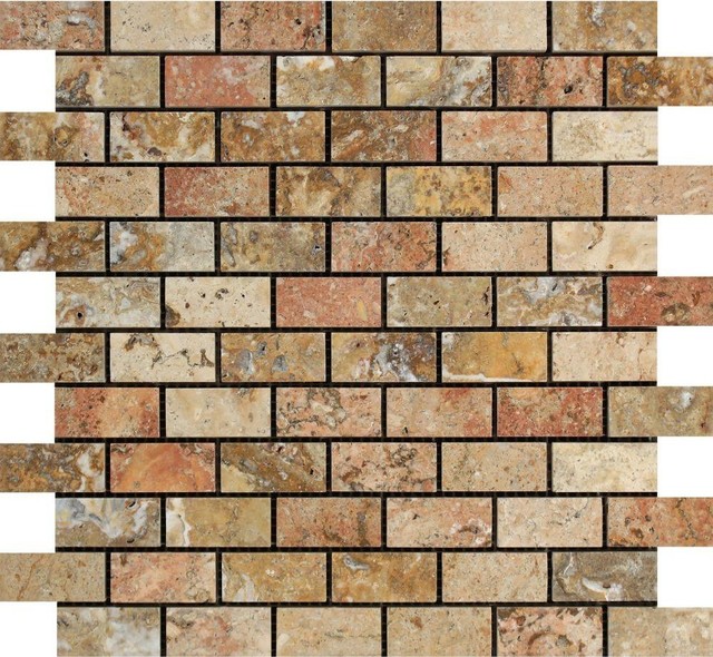 Scabos Travertine Brick Mosaic, 1 X 2 Polished, 10 sq.ft. - Traditional ...
