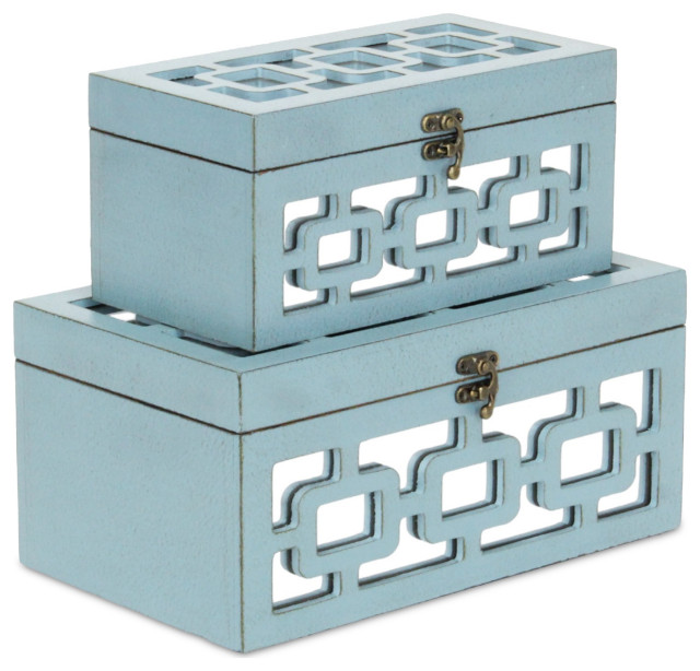 Blue Distressed Mirrored Wood Boxes Set - Contemporary - Decorative ...