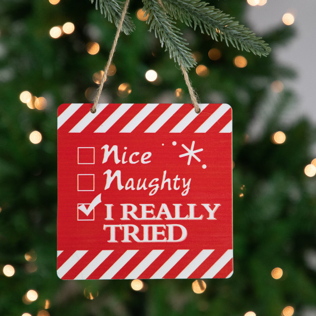 6" Red and White Striped "I Really Tired" Hanging Square Christmas ...
