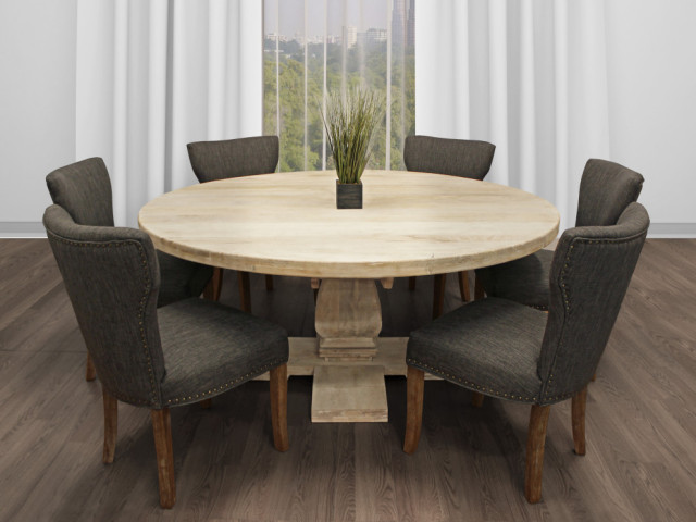 Benedict 7-Piece Dining Set, 70" Round Dining Table & 6 Dark Gray Linen Chairs - Traditional ...
