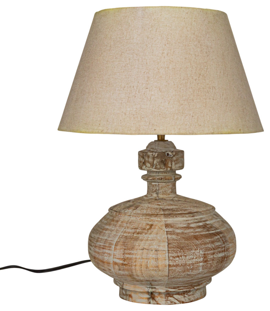 Reclaimed Wood Pot Table Lamp With Cotton Shade, Whitewashed - Rustic ...