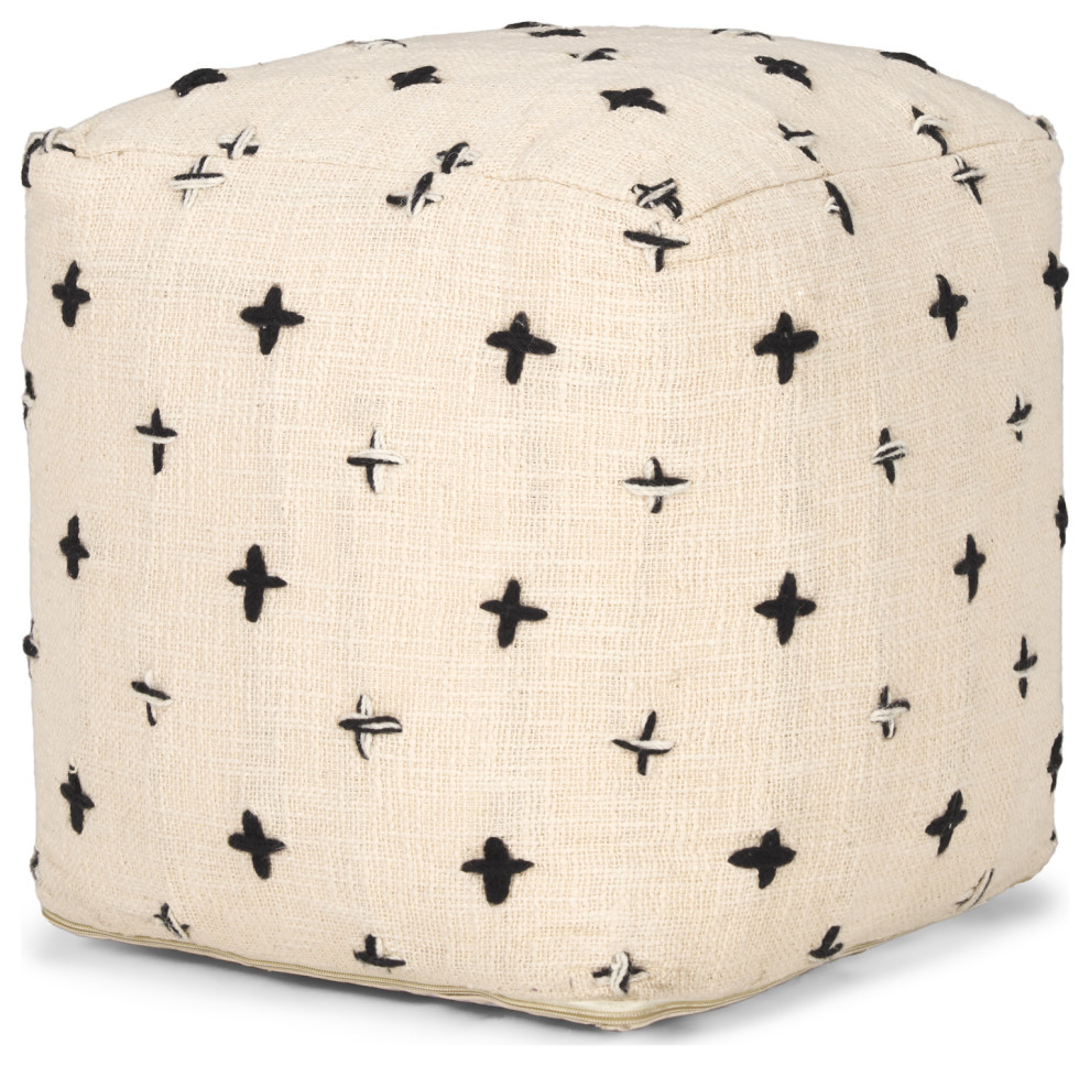 Saanvi Wool With Cream and Black Stitched Cross Patterned Pouf - Scandinavian - Floor Pillows ...