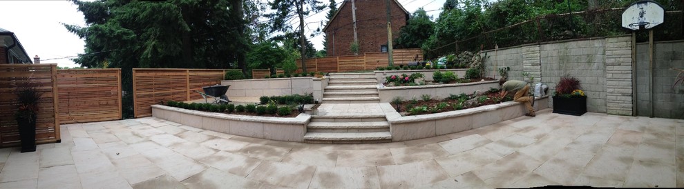 Terraced Backyard - natural stone patio, deck for seating, terraced ...