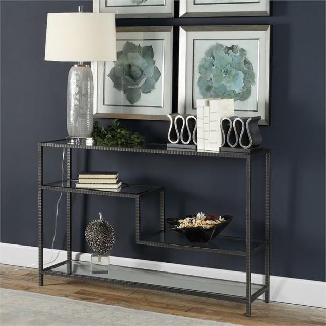 Bowery Hill Modern Glass Accent Console Table in Aged Gunmetal ...