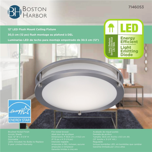 Boston Harbor CL200AC Flush Mount Ceiling Light Fixture, Brushed Nickel ...
