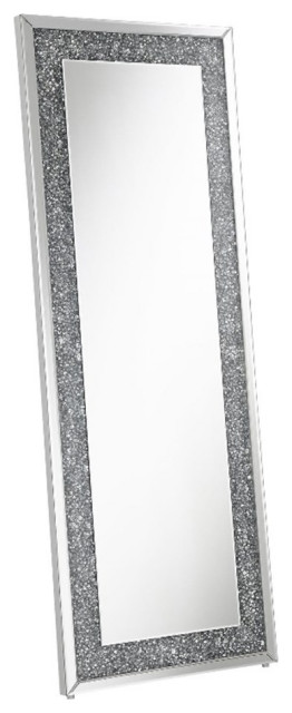 Pemberly Row Modern Silver Glass Crystal Inlay Rectangle Floor Mirror ...