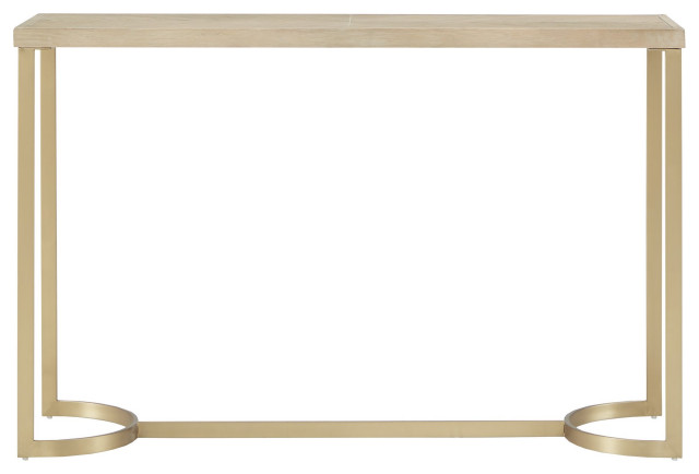 Glam Console Table, Trestle Like Shiny Gold Metal Base With Natural ...