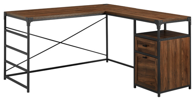 Angle Iron L-Shaped Computer Desk With Storage, Dark Walnut ...