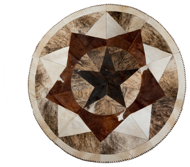 NATURAL TRI-STAR STITCH ROUND COWHIDE RUGS AproX 7" ROUND TRICOLORE, 7 ...