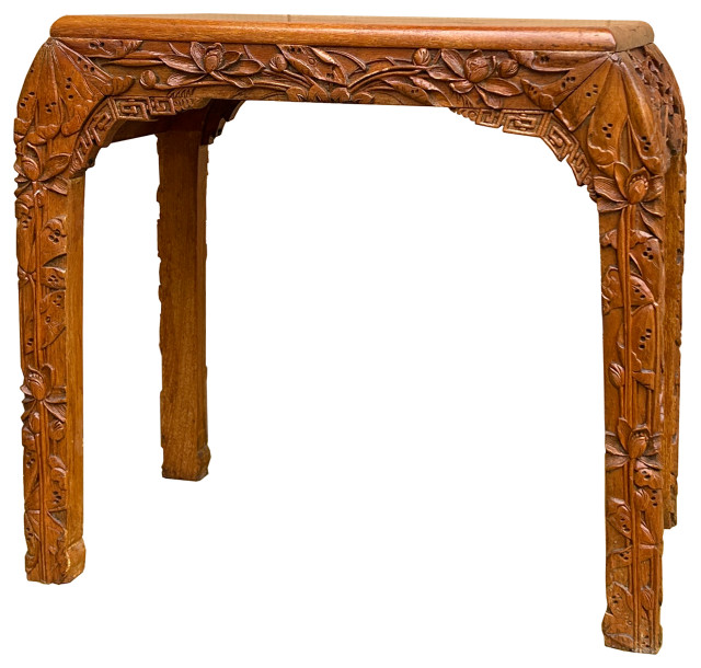 Vintage Floral Relief Carving Light Brown U Shape Stool Side Table ...