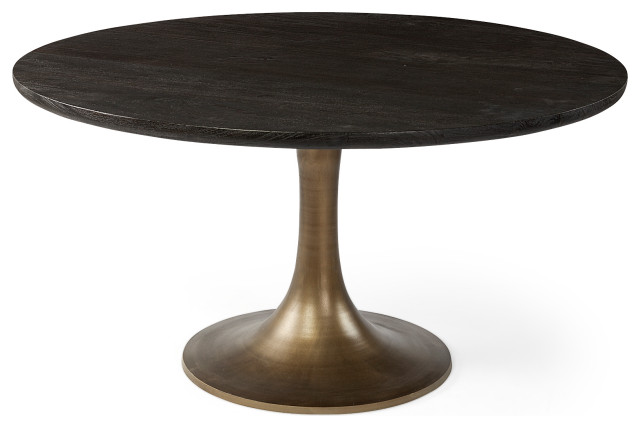McLeod II Round Brown Solid Wood Top Gold Metal Base Dining Table ...