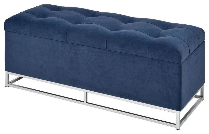 Modern Luxe Style Bench Upholstered in Tufted Blue Velvet Hand-Applied ...