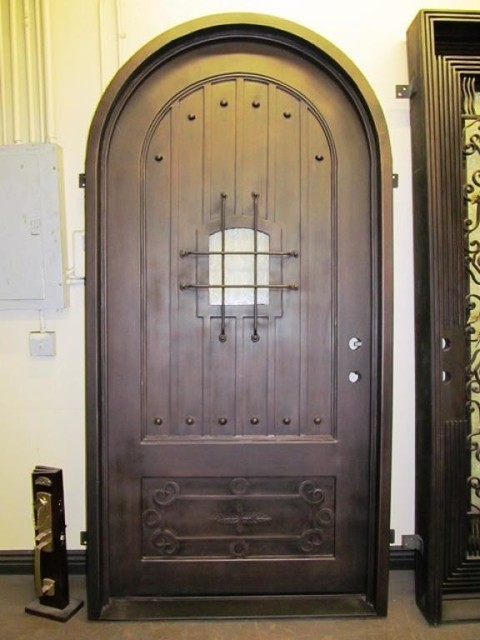 Dragon2 42"x96" Iron Door, Round Top, Left Hand Inswing, Rain Glass ...