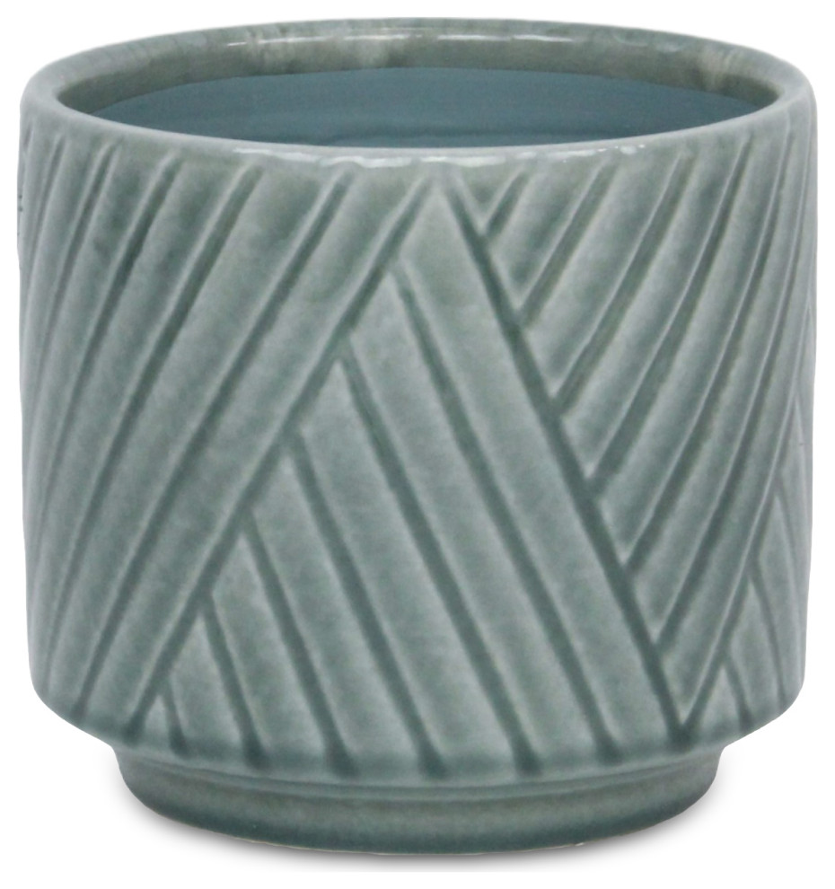Green Ceramic Pot with Diagonal Pattern - Contemporary - Indoor Pots ...