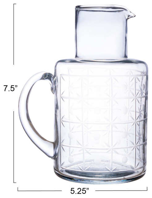 Hand-Blown Etched Reclaimed Glass Pitcher With Tall Neck and Handle ...