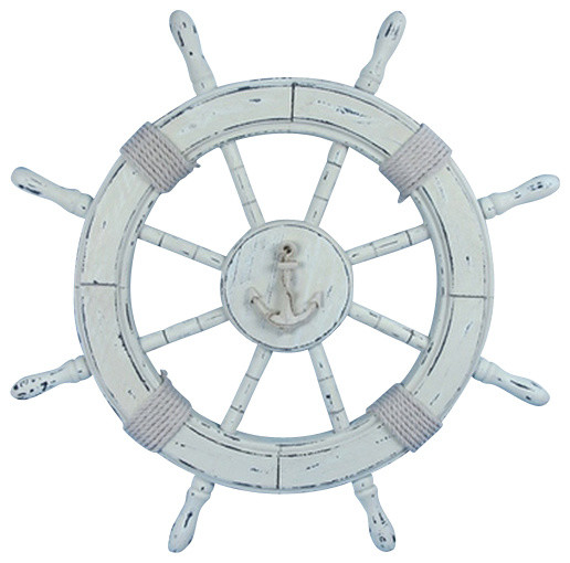 24" Distressed White Wood Ship Wheel - Beach Style - Wall Accents - by ...