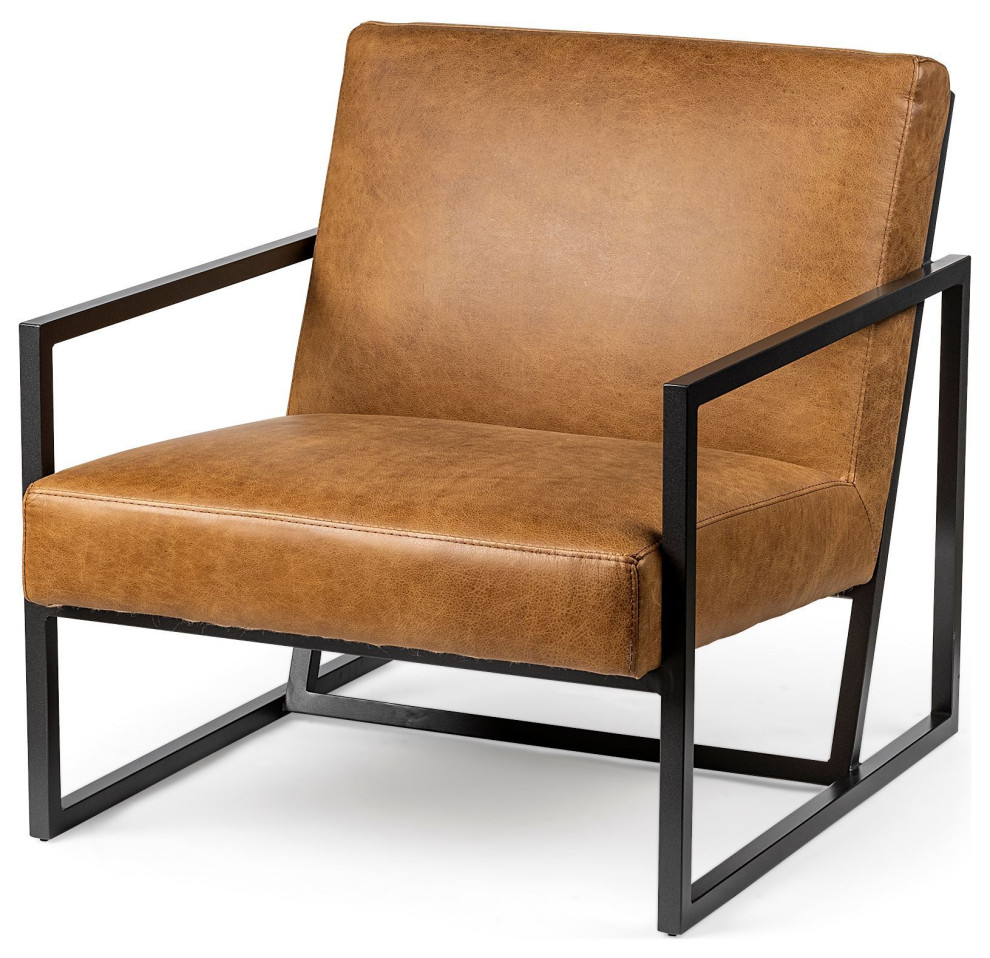 HomeRoots Light Brown Leather Seat Accent Chair With Grey Iron Frame ...