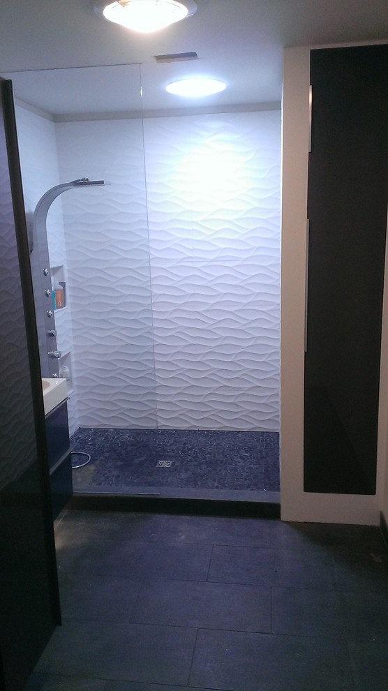 MASTER BATHROOM - Large Wave Tile Shower / Penny Tile Wainscot / Ikea ...