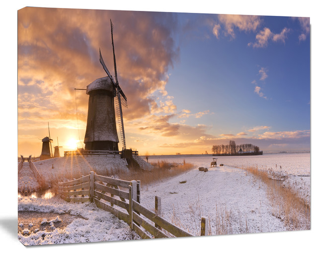 Dutch Windmills at Sunrise, Abstract Canvas Art Print, 20"x12"x1 ...